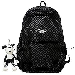 Verdancy Kawaii Backpack for Teens School College Students Travel Checkered Aesthetic Bookbag Schoolbag Casual Daypack (Black)