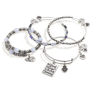 Alex and Ani Connections Expandable Bangle for Women, Good Things Are Coming Charm, Set Of 4, Rafaelian Silver Finish, 2 to 3.5 in