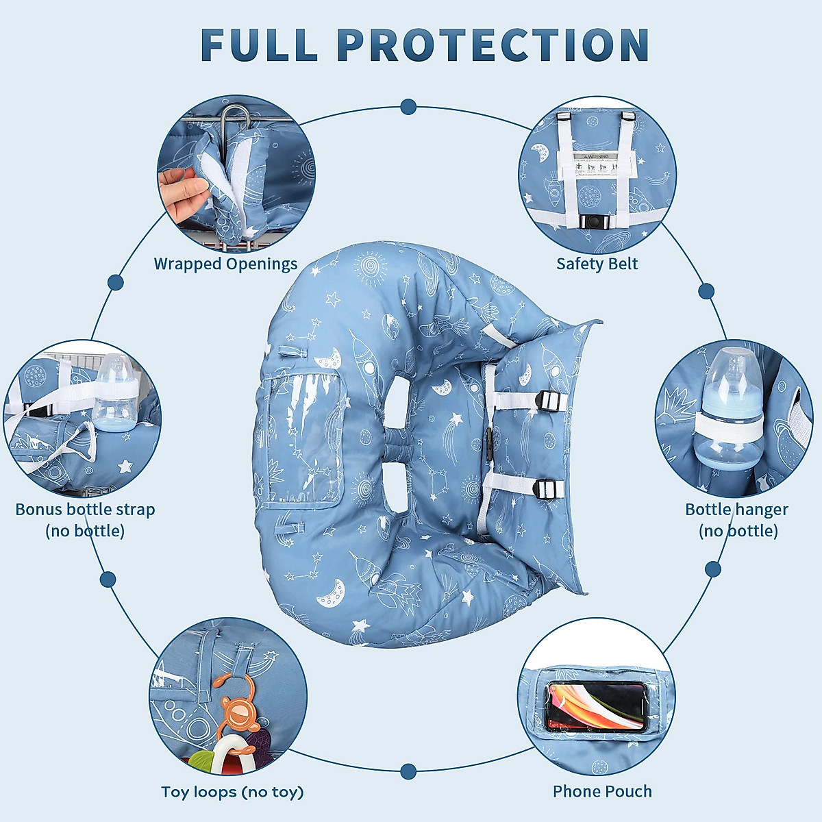 Yoofoss Shopping Cart Cover for Baby, 2-in-1 High Chair Cover with Safety Harness, Multifunctional Cart Covers for Babies, Universal Fit, Soft Padded Grocery Cart Cover for Baby Boy Girl - Blue