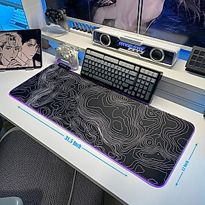 JMIYAV Topographic Gaming Mouse Pad RGB Mousepad Non-Slip Rubber Base Extra Large Cool XL XXL Computer Desk Pad Gaming Accessories LED Light Up Extended Big Mouse Pad for Gamer Black (31.5x12In)