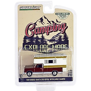 Greenlight 30409 1981 Dodge Ram D-250 Royal with Large Camper - Medium Crimson Red and Pearl White (Hobby Exclusive) 1/64 Scale Diecast