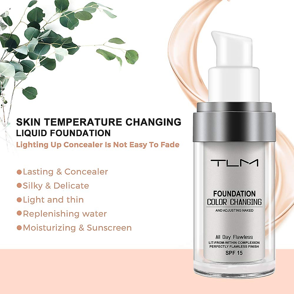 TLM Colour Changing Foundation, Flawless Color Changing Foundation Makeup Base Moisturizing Liquid Foundation for Women Girls SPF15, Sunscreen, Non-greasy, Non-marking, Long lasting(2Pack)