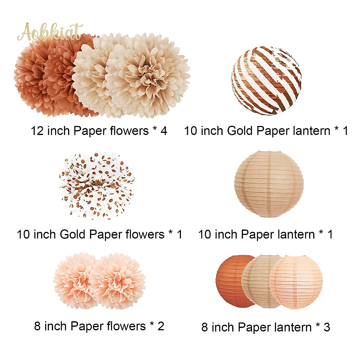AOBKIAT Fall Boho Party Decorations Set,12PCS Brown Orange Paper Pom Poms Lanterns for Thanksgving Pumpkin Party,Natural Baby Shower,Bridal Shower,Engagement,Class School Office Decor