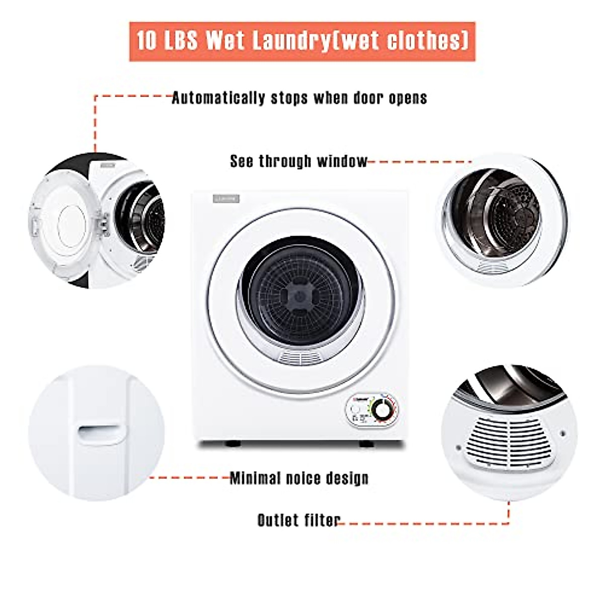 Euhomy 110V Compact Laundry Dryer, 1.5 cu.ft Front Load Stainless Steel Clothes Dryers with Stainless Steel Tub, Control Panel Downside Easy Control for 4 Automatic Drying Mode, White
