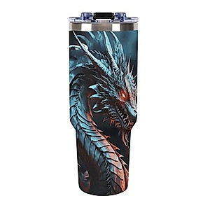 LLUTSNTH 40 Oz Vacuum Tumbler with Violet Handle Leakproof Insulated Tumbler Dragon Stainless Steel Travel Mug with Lid And Straw Coffee Cup Cute Water Bottles Cup Holder Friendly