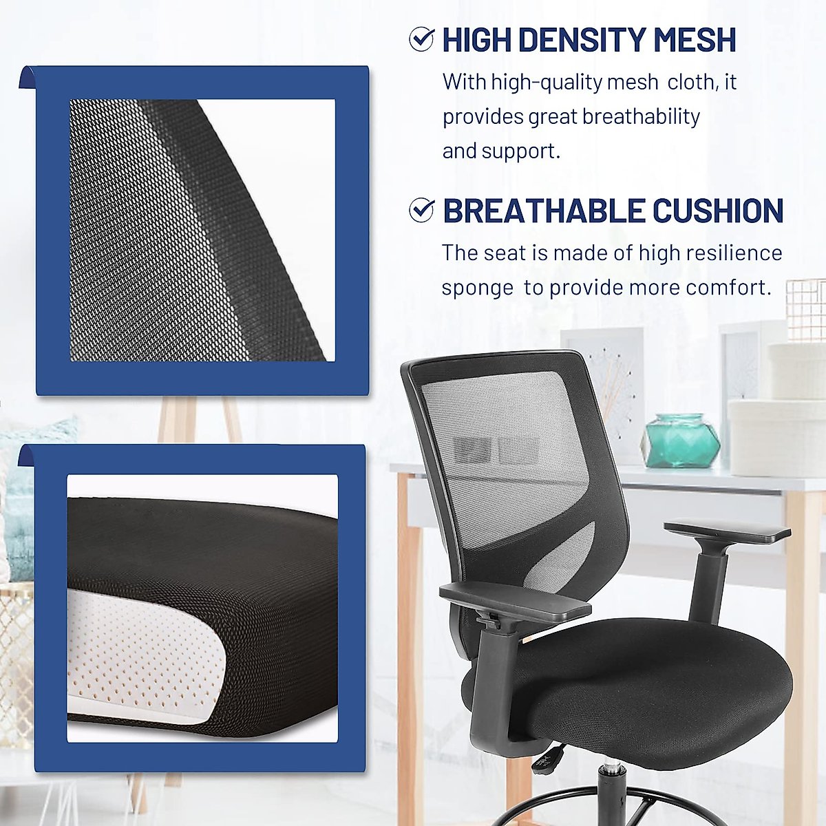 ZUNMOS Tall Office, Drafting High, Ergonomic Mesh Computer Task Table Chairs with Adjustable Armrests and Foot-Ring for Standing Bar Height Desk, Black