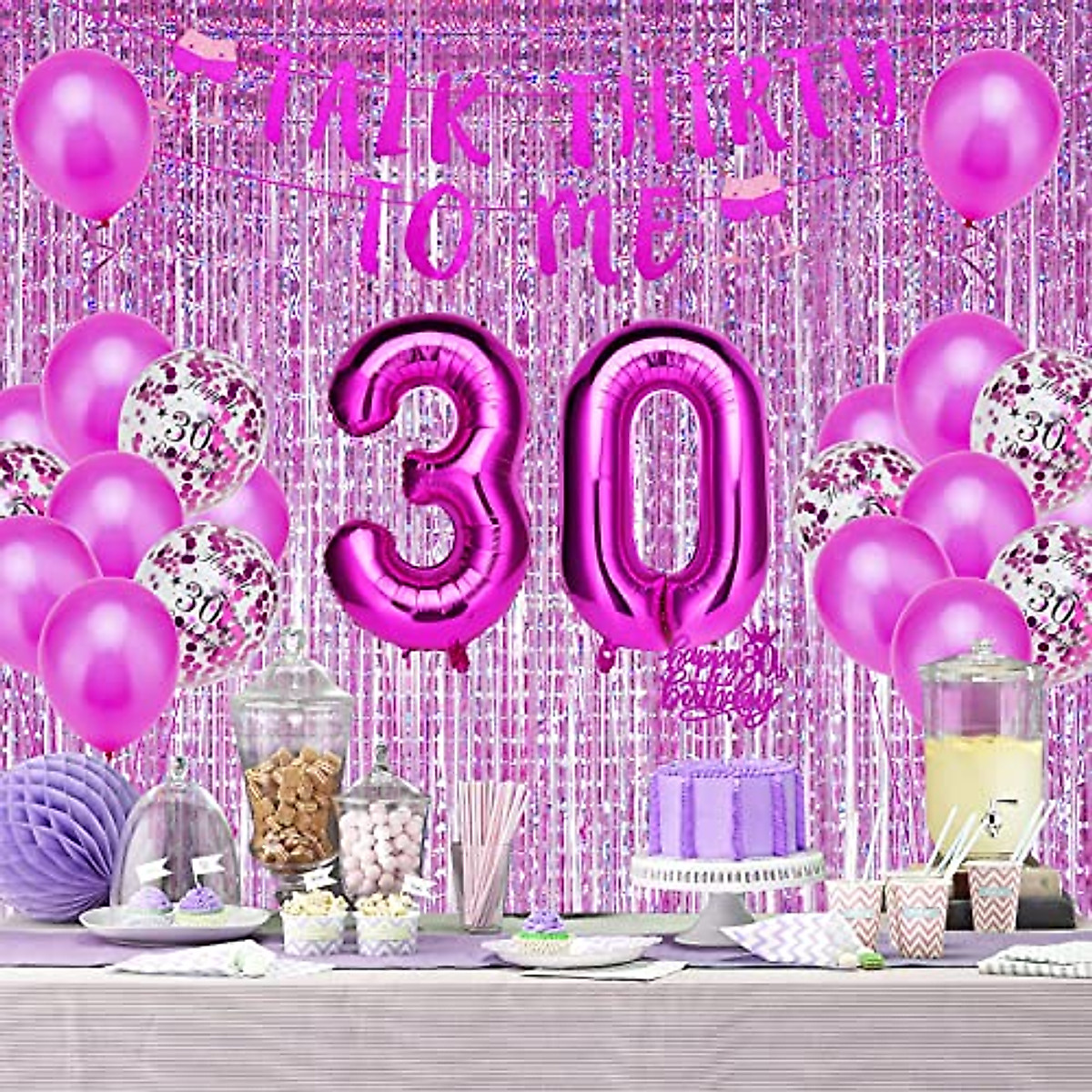 30th Birthday Decorations for Women, Hot Pink 30 Birthday Decorations for Her, Talk Thirty to Me Banner,Crown, Sash, Cake Topper and Number Balloon, 30th Birthday Party Supplies for Women