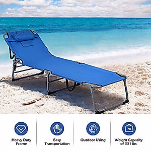 GYMAX Tanning Chair, Beach Lounge Chair with Face Hole, 5 Level Adjustable Backrest, Removable Pillow & Carry Handle, Adult Layout Sunbathing Chair for Outside Beach Poolside Lawn Patio (1, Blue)