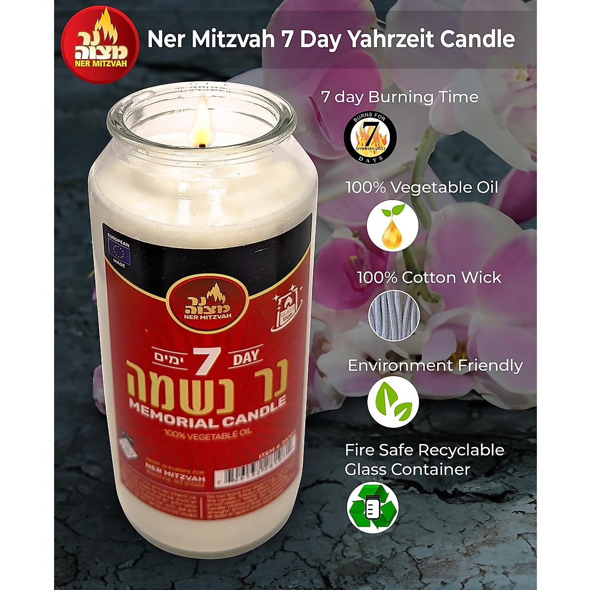 Ner Mitzvah 7 Day Yahrzeit Candle - 3 Pack Kosher White Yahrzeit Memorial Candles - Yom Kippur and Holiday Candle in Glass Jar - 100% Vegetable Oil Wax Prayer Candle
