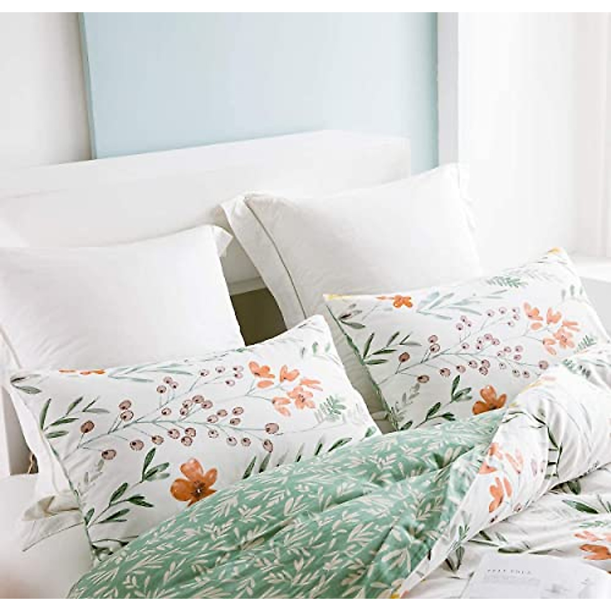 SLEEPBELLA Duvet Cover King, 600 Thread Count Cotton 3pcs Bedding Set Yellow Flowers and Green Branches Printed on White Reversible Comforter Cover