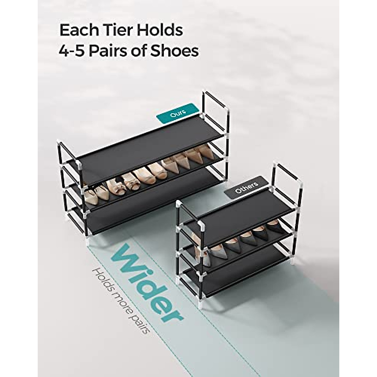 SONGMICS 3-Tier Shoe Rack with Shelves for Closet Entryway, Black ULSH053B01, 11 x 38.8 x 22.8 Inches