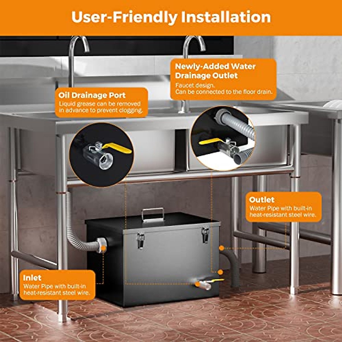 BEAMNOVA 9lbs Commercial Grease Trap Stainless Steel Black Grease Interceptor for Restaurant Kitchen Home Under Sink, Side Inlet