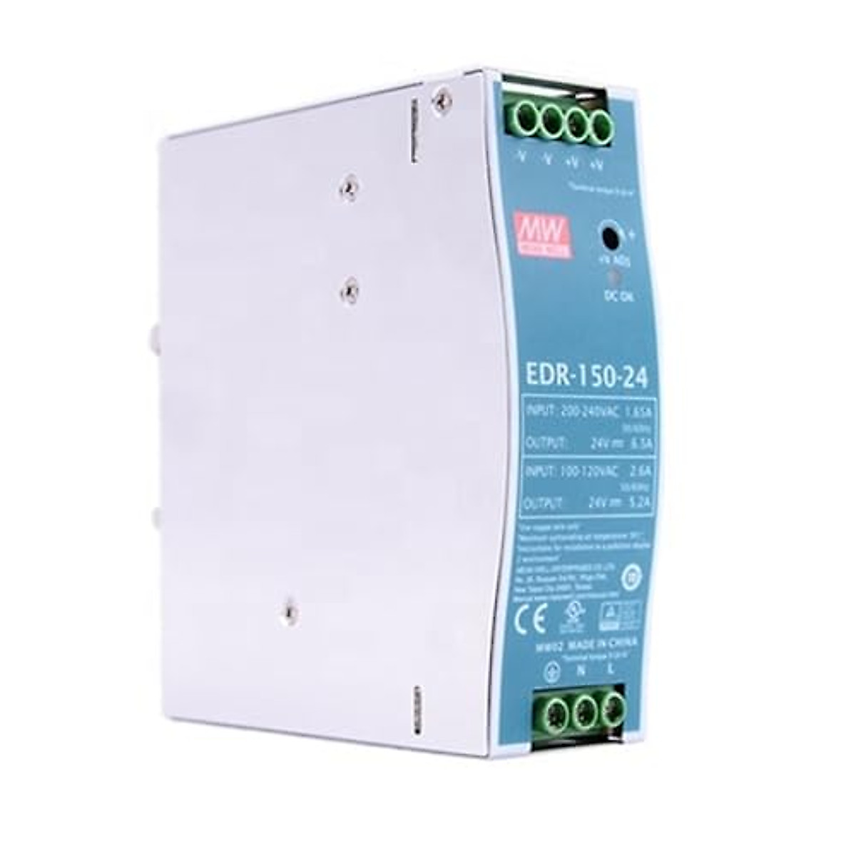 Mean Well EDR-150-24 24V 6.5A 156W/125W Industrial DIN Rail Power Supply - Rugged, Reliable Performance, Wide 90-264VAC Input, Extended -20°C~+60°C Operating Temperature Range