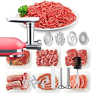 Metal Meat Food Grinder Attachments for KitchenAid Stand Mixers, Include 4 Stainless Steel Grinding Plates, 2 Grinding Blades, 2 Sausage Stuffer Tubes, a Cleaning Brush, a Removable Tray and Pusher
