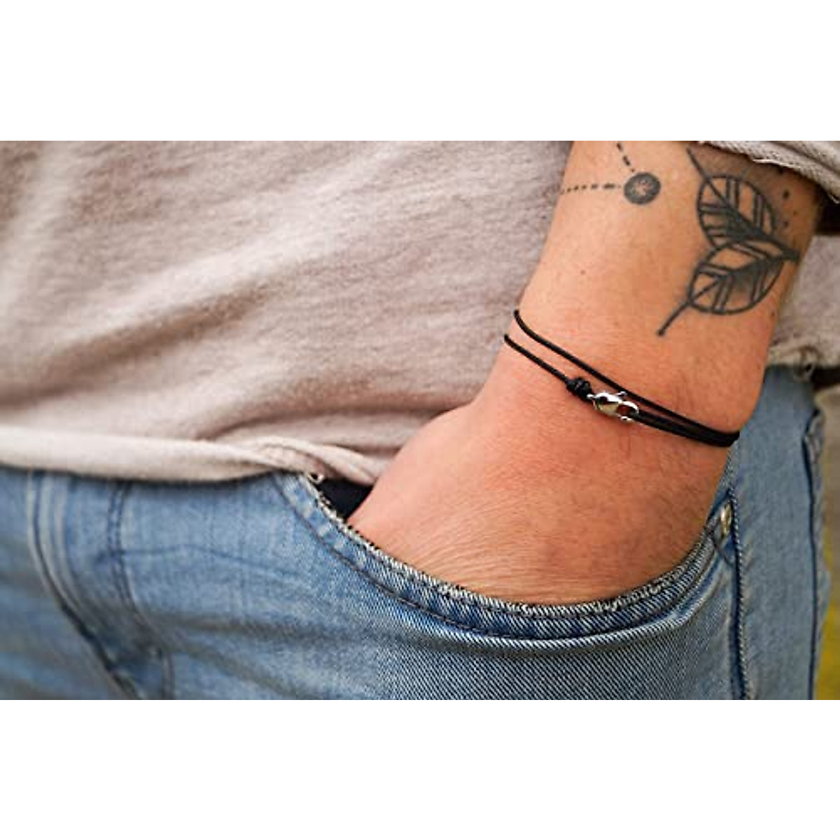 Adjustable Wrap Surfer Bracelet Women & Men - Thin String Bracelet with Snap Hook - Nautical Maritime Beach Jewelry - Handmade & Waterproof - Birthday Gift for Him (Black Silver)