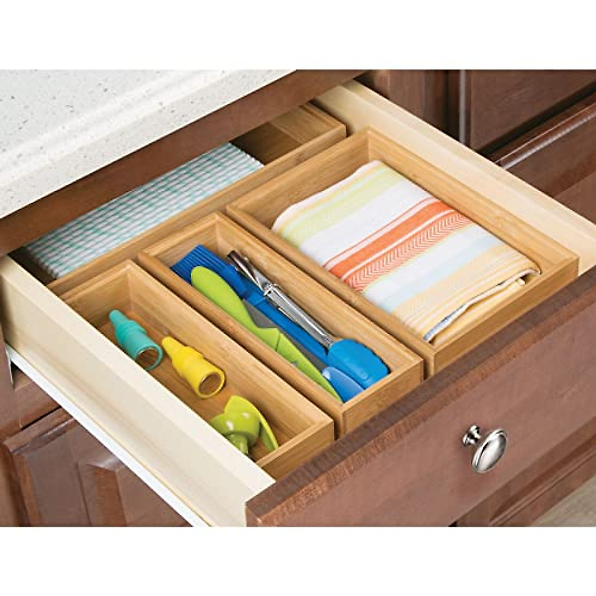 mDesign Wooden Bamboo Drawer Organizer - 9" Long Stackable Storage Box Tray for Kitchen Drawers and Cabinet - Utensil, Silverware, Spatula, and Flatware Holder - Echo Collection - 6 Pack, Natural Wood