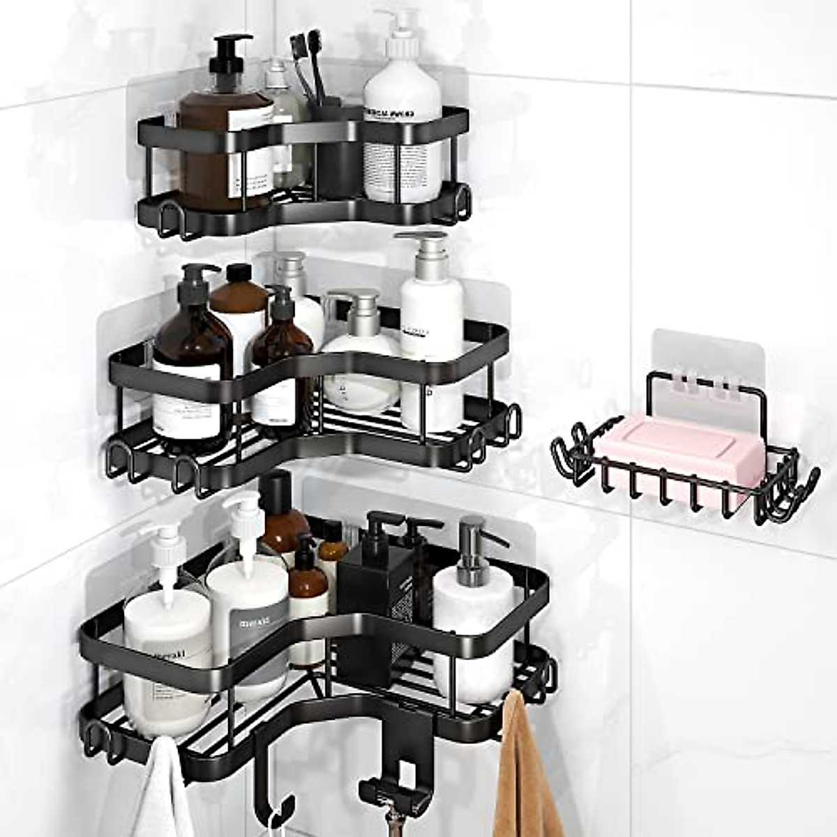 biukpci 4 Pack Corner Shower Caddy,Shower Organizer,Adhesive Stainless Steel Bathroom Shelf with Soap Dish Holder and 15 Hooks,No Drilling