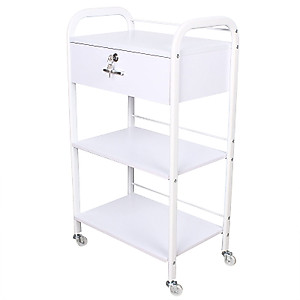 3-Tier Rolling Utility Cart with Wheels,White Mobile Esthetician Cart Trolley with Single Lockable Drawer,Medical Den-tal Serving Cart Trolley Steel Serving Cabinet & Kitchen Cart,Load 33LBS