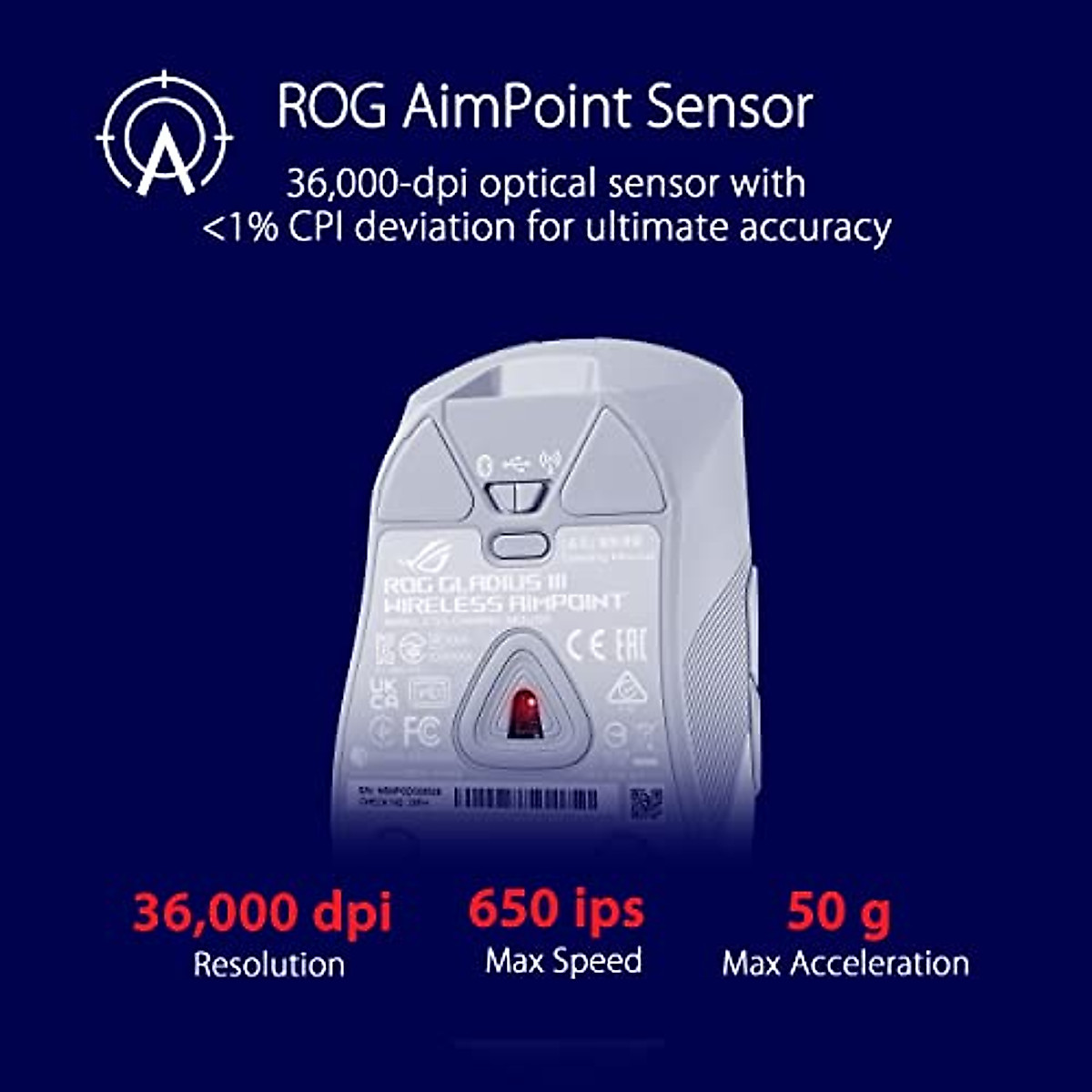 ASUS ROG Gladius III Wireless Gaming Mouse, 36000 DPI, 6 Buttons, Replaceable Switches, Paracord Cable - White