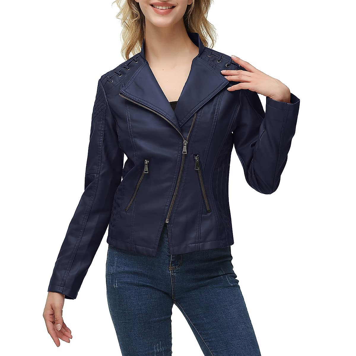 MODFUL Women's Faux Leather Moto Jacket Casual Short Solid Color PU Biker Coat with Pockets(Navy,Medium)