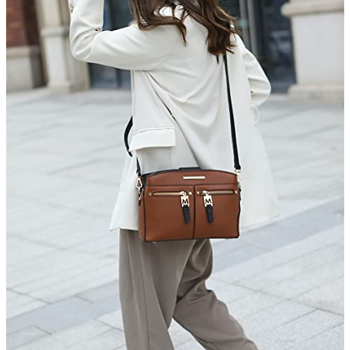 MKF Crossbody Bag for Women – PU Leather Pocketbook Handbag – Designer Side Messenger Purse, Shoulder Crossover Olive Green-Mustard