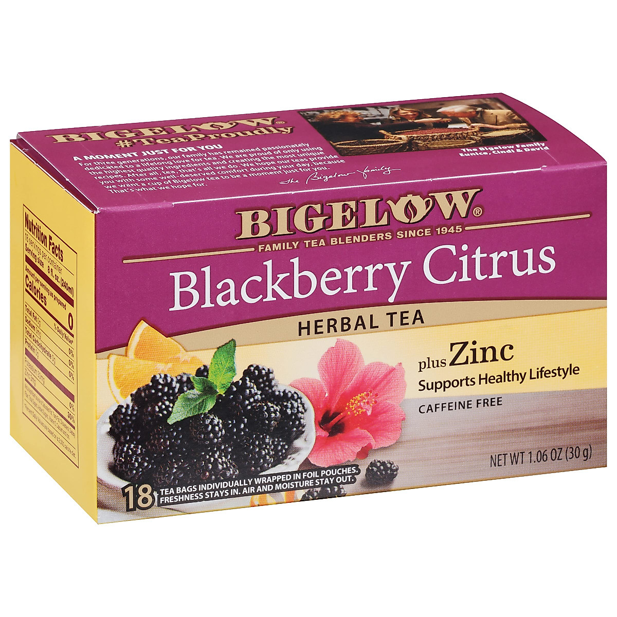 Bigelow Tea Blackberry Citrus Plus Zinc Herbal Tea, Caffeine Free, 18 Count Box (Pack of 6), 108 Tea Bags Total