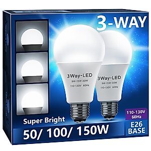 Briignite 3 Way LED Light Bulbs 50-100-150W Equivalent Daylight White 5000K, 3-Way A21 LED Light Bulb E26 Medium Base, 600LM-1250LM-1850LM, Perfect for Table Lamp, Floor Lamp, Desk Lamp, 2 Pack