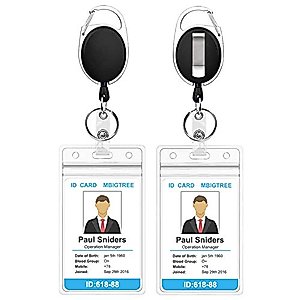 2 Pack ID Badge Holder With Clip – Badge Reels Retractable Heavy Duty – Clear Id Card Holder Retractable – Vertical Lanyard Id Holder with Carabiner Badge Reel – Badge Holders with 24 inches Pull Cord