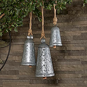 Deco 79 Metal Tibetan Inspired Meditation Decorative Cow Bell with Jute Hanging Rope, Set of 3 12",9",6"H, Gray