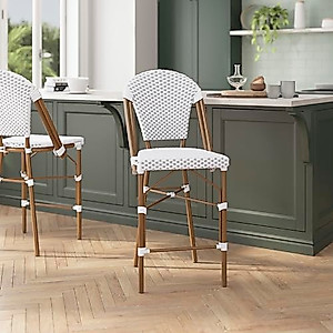 Flash Furniture Lourdes Commercial Grade Bistro Counter Height Stool, Stackable Indoor/Outdoor Dining Stool, 26" High, White/Gray and Bamboo Finish, Set of 2