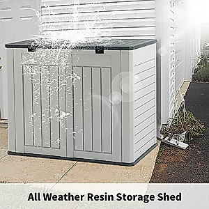 Zevemomo Resin Outdoor Storage Shed, All-Weather Horizontal Tool Shed w/o Shelf, Multi-Opening Door, Reinforced Floor, Lockable, 35 Cu.ft Capacity for Bike, Garbage Cans, Lawn Mower, Garden Tools