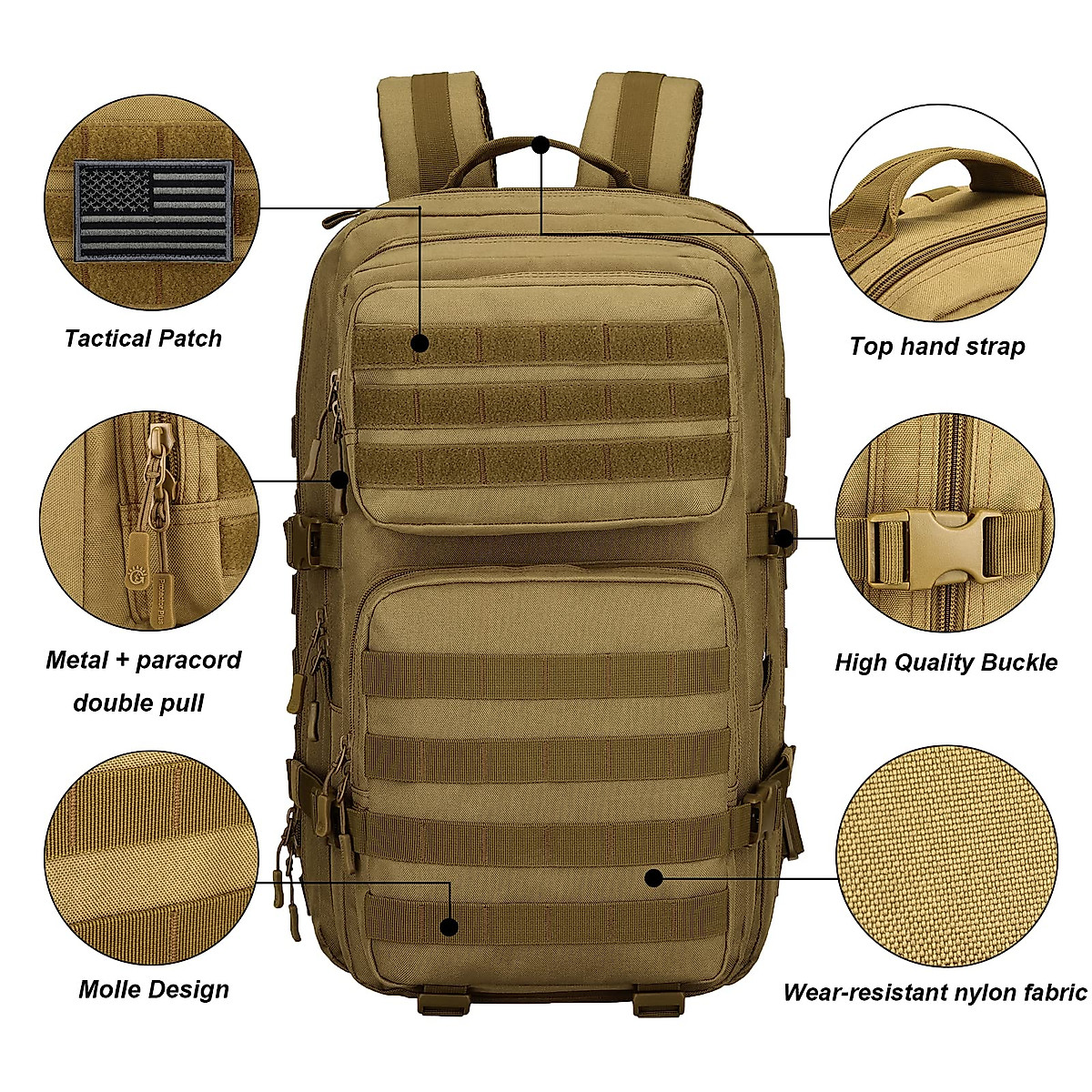 ZHIERNA Tactical Military Backpack, 3 Day Molle Assault Pack, Army Camping Rucksack for Travelling Hiking Treeking,45L(Black Cp)