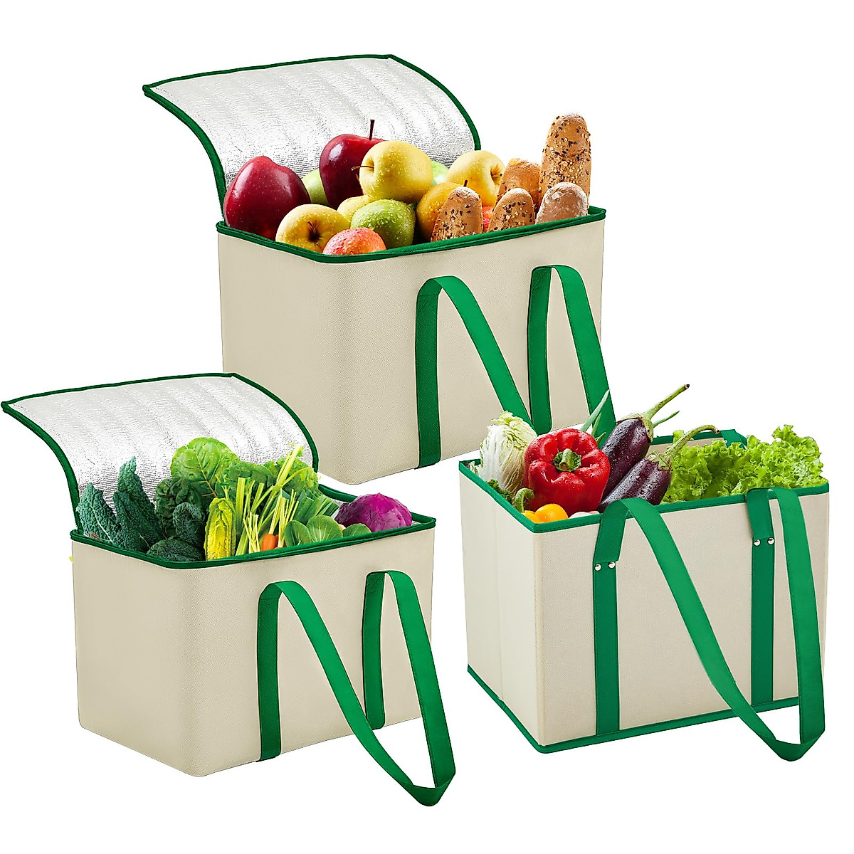 DAREKUKU 3 Pack Reusable Grocery Bags, Foldable Washable Insulated Shopping Bags For Groceries With Reinforced Bottom & Handles (2 Grocery Tote Bags + 1 Insulated Cooler Bag)