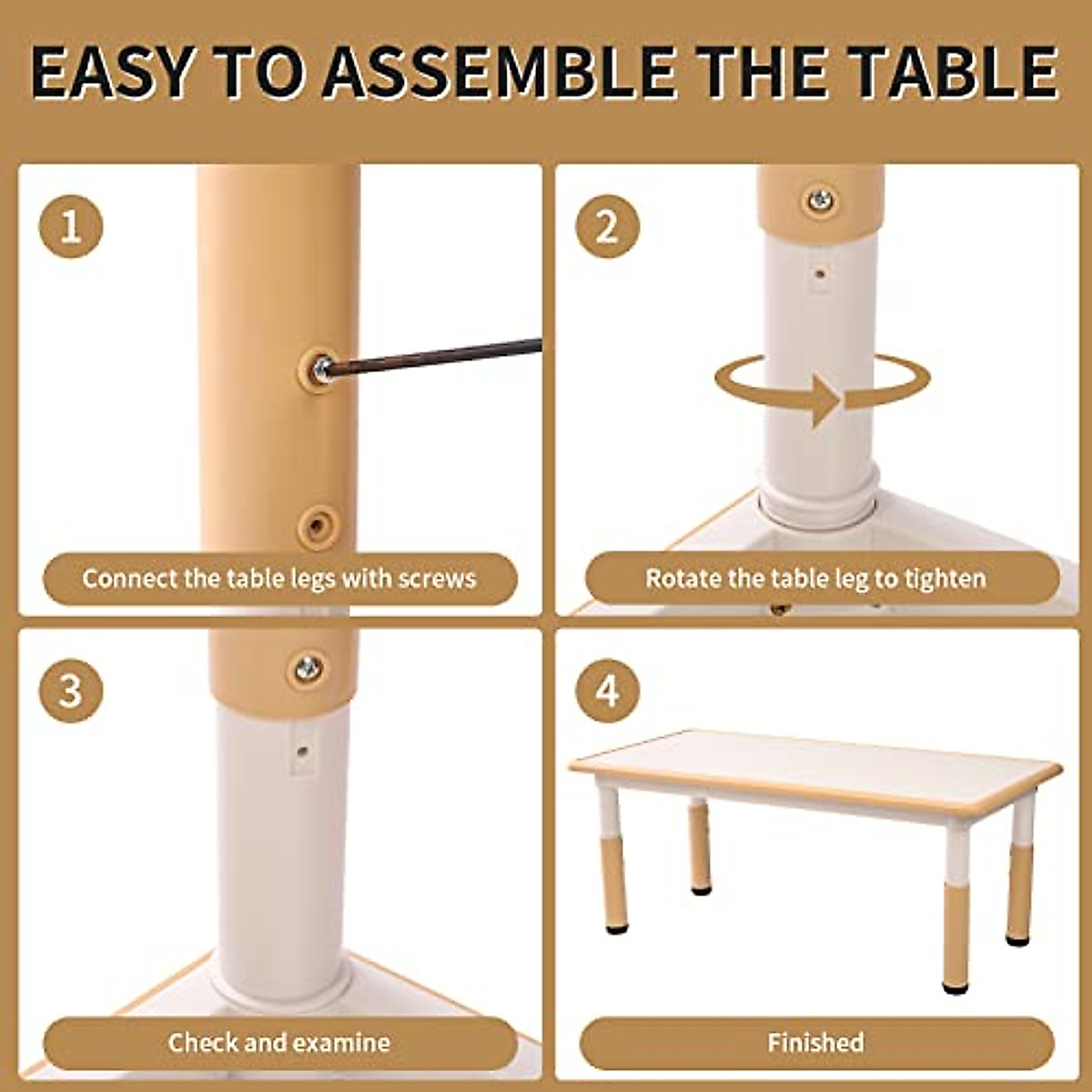 JIAOQIU Kids Art Table and Chair Set with 4 Seats Height Adjustable Children Study Desk Easy to Clean Assemble Max Load 330lb Plastic Toddler Table and Chair Set for School Home Burlywood