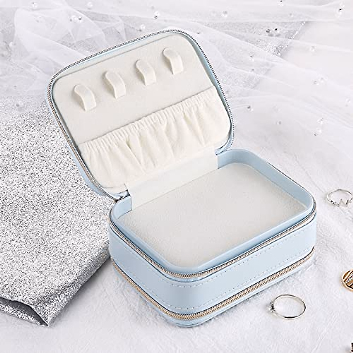 ASLIDECOR Travel Jewelry Case with Mirror,Double Zipper Bulk Travel Jewelry Box, 2 Layer Jewelry Travel Casex for Necklaces,Rings,Bracelets(BLUE)