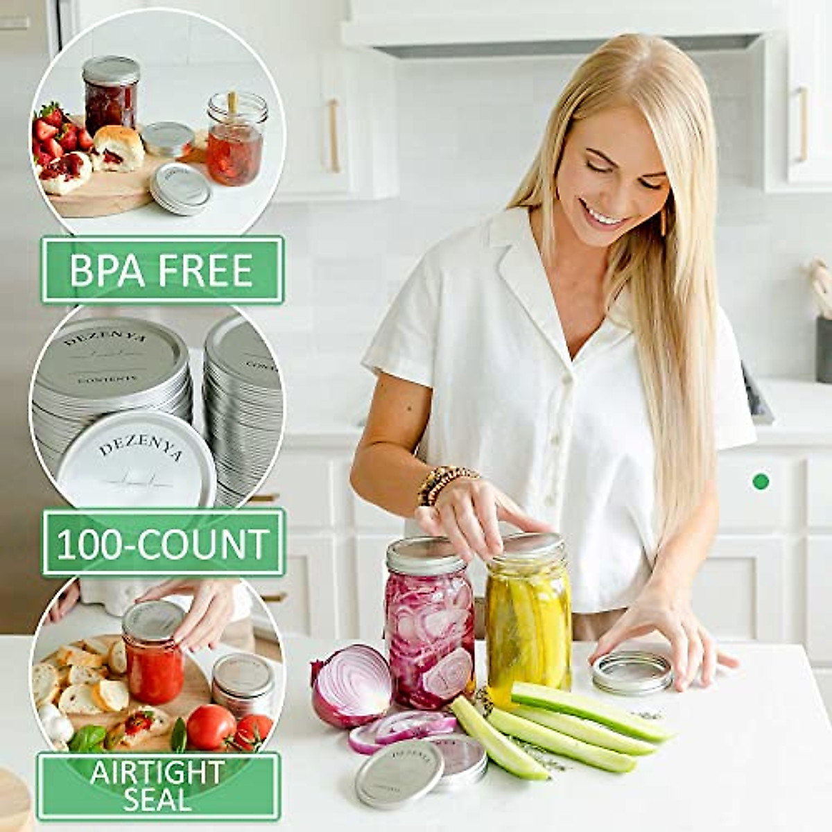 WIDE Mouth Canning Lids, 100 Count - Sturdy Metal Lids with Strong Silicone Seals That are Perfect for Meal Preservation & Food Storage - Fit for Wide Mouth Mason Jars - Canning Supplies by Dezenyaa