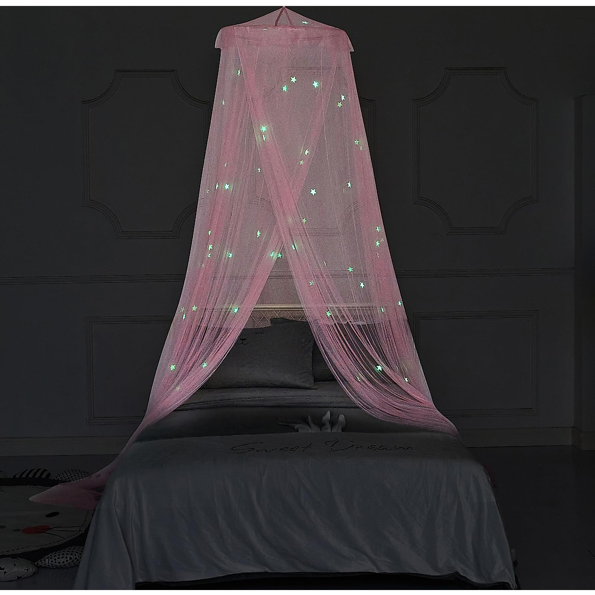 Mengersi Bed Canopy for Girls with Glow in The Dark Stars,Bed Canopy Curtains for Kids Baby Crib Twin Full Queen Size Bed,Canopy for Girls Room Decor,Pink