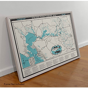 Map of Central California Striped Bass Fishing Grounds, Waterways, and Roads circa 1952 - from San Francisco to Stockton - Maps Inset Shows Boat Rentals (24 inches x 36 inches)