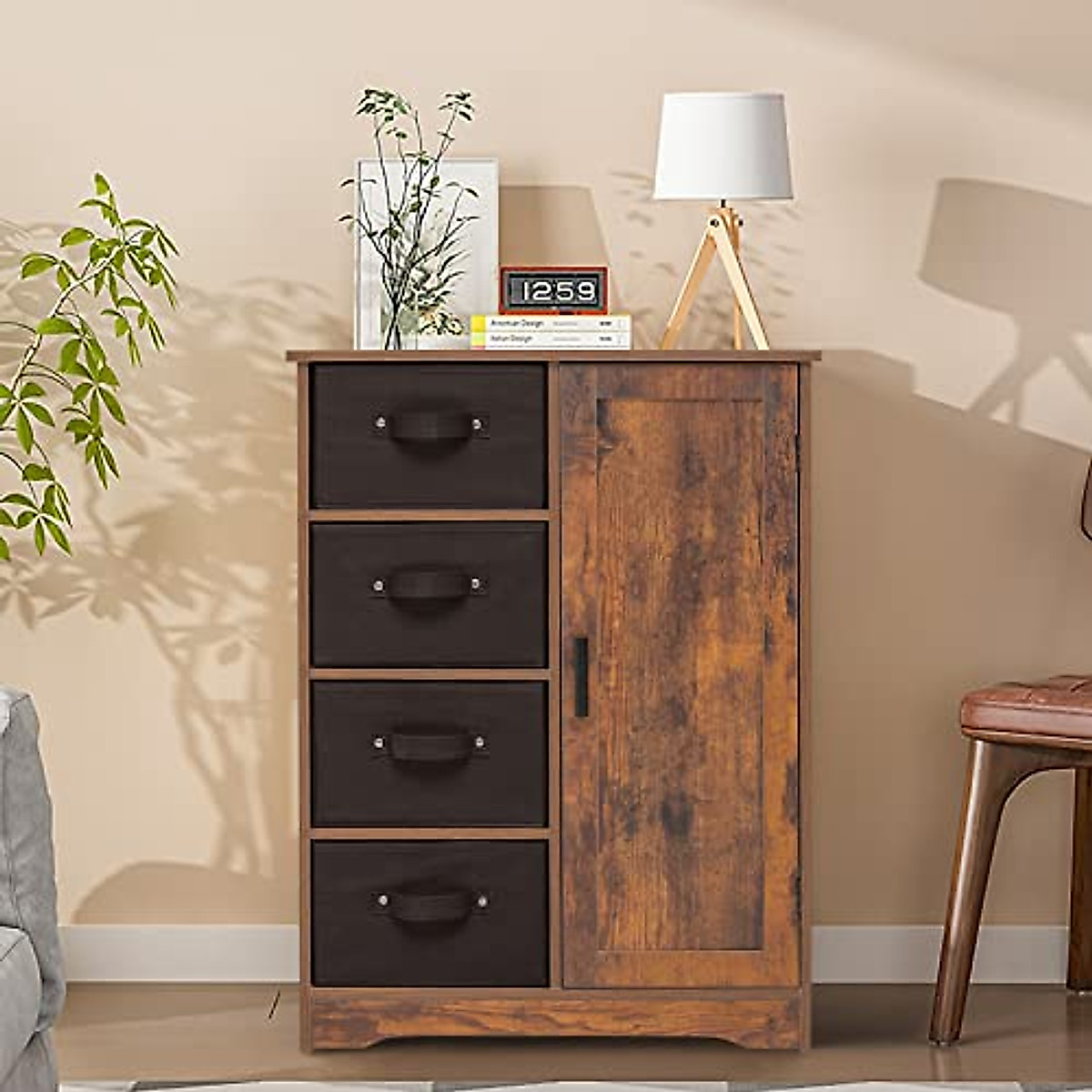 usikey Storage Cabinet with 4 Removable Drawers and 1 Door, Accent Floor Cabinet with Adjustable Shelves, Cupboard for Living Room, Bedroom, Rustic Brown