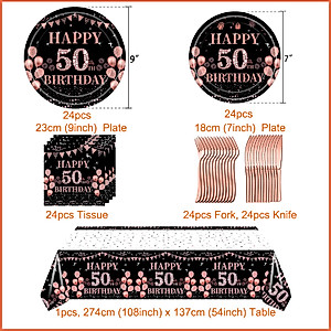 Black Rose Gold Birthday Party Supplies,Disposable Party Tableware Sets - 50 Years Paper Plates,Napkins,Plastic Forks Knives,Tablecloths,50th Birthday Decorations for Men,24 Guests