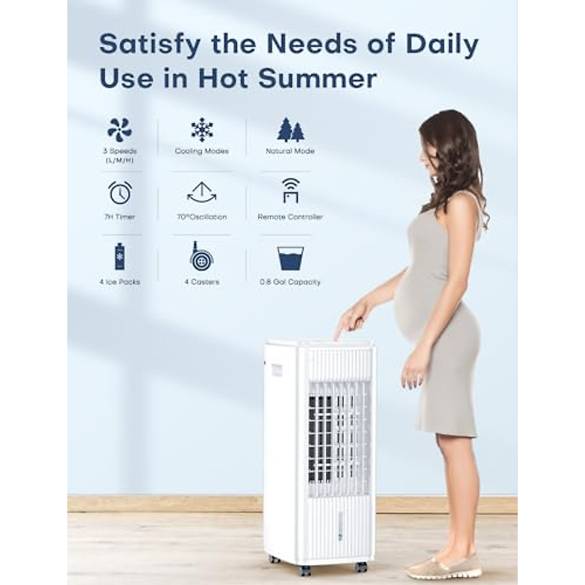 Evaporative Air Cooler, BALKO 3-IN-1 Windowless Swamp Cooler w/ 0.8 Gal Detachable Water Tank, 7H Timer & Remote, 4 Ice Pack, 70° Oscillation, Ductless Air Conditioner Portable for Room Indoor Office