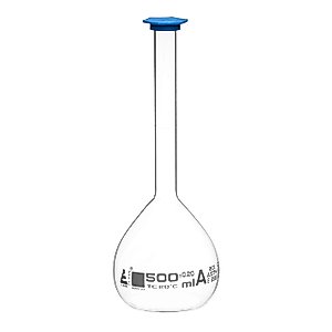 EISCO Volumetric Flask, 500ml - Class A, ASTM - Tolerance ±0.200ml - Blue Snap Cap - Single, White Graduation - Borosilicate Glass