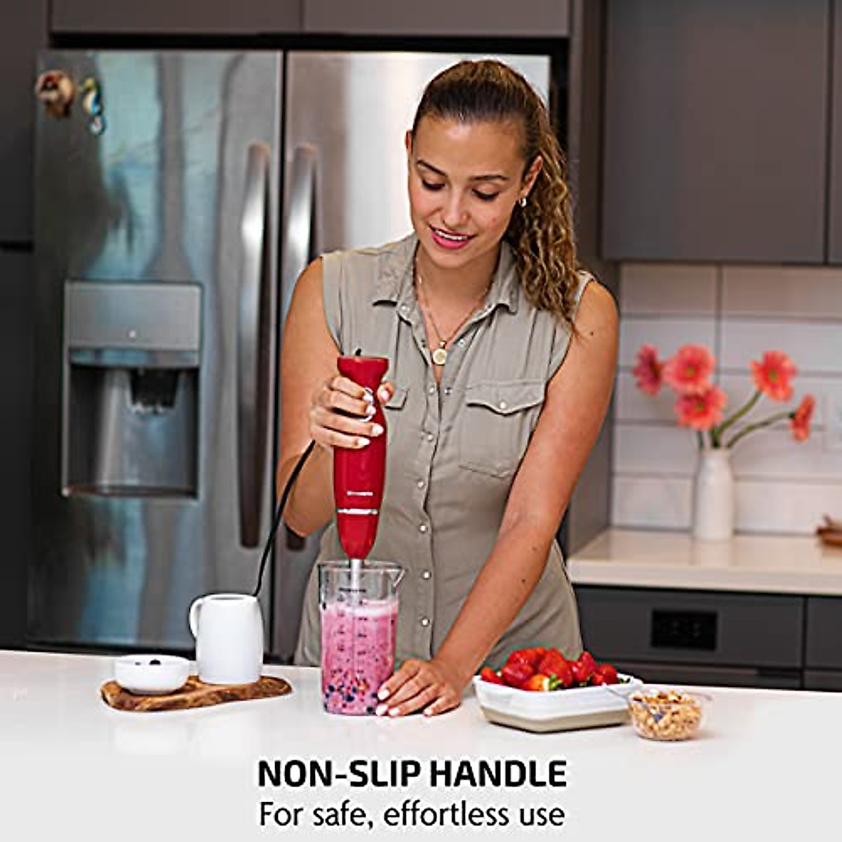 OVENTE Immersion Electric Hand Blender 300 Watt Power 2 Mix Speed with Stainless Steel Blades, Handheld Stick Mixer Set with Egg Whisk Attachment Mixing Beaker and BPA-Free Food Chopper, Red HS565R