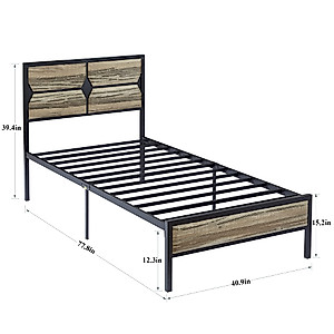 VECELO Twin Bed Frame Metal Platform with Wooden Headboard & Footboard Mattress Foundation Strong Metal Slats Support No Box Spring Replacement/Easy Assemble