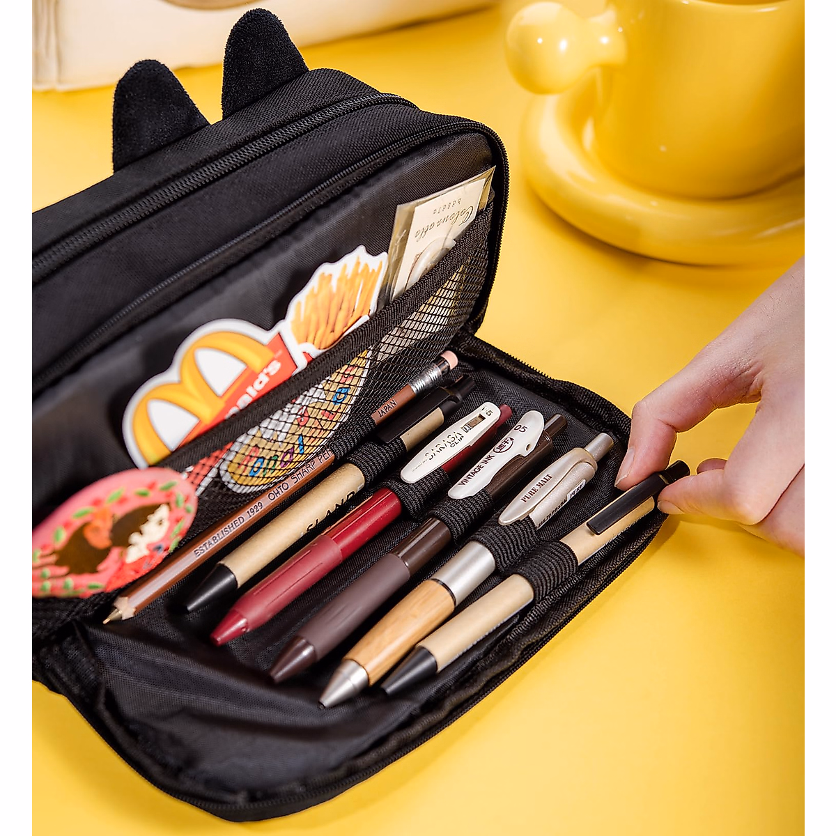 Hongdian Large Capacity Pencil Case Black Color, 3D Cat Pen Bags Pencil Pouch Organizer for Office College School