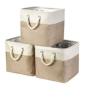 i BKGOO Cube Storage Bins，Foldable Canvas Storage Basket,3-Pack Collapsible Sturdy Fabric Organizing Basket with Cotton Handles for Home Office Shelf Clothes White-Khaki 13×13×13 inch