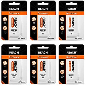 Reach Dentotape Waxed Dental Floss Bundle | Effective Plaque Removal, Extra Wide Cleaning Surface | Shred Resistance & Tension, Slides Smoothly & Easily, PFAS FREE | Unflavored, 100 YD, 6pk