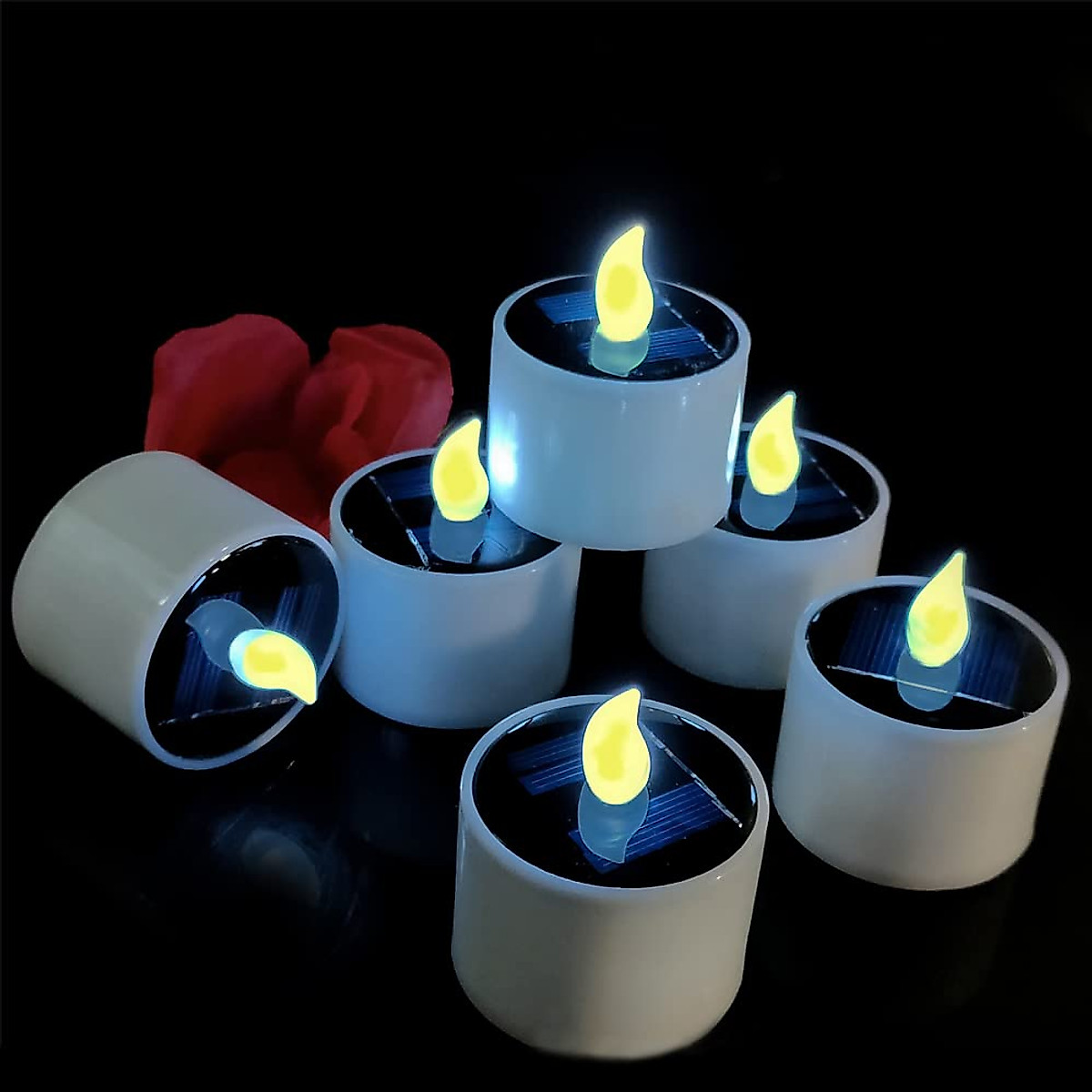 Christmas Decor 6 Pieces Romantic LED Flameless Candles Lights/Lamps, Solar Power LED Tea Light Candles Nightlight for Home Decor (Yellow Flickering)