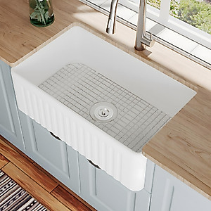 DeerValley Farmhouse Sink, 30" L x 18" W Single Bowl Farm Kitchen Sinks, White Farmhouse Kitchen Sink Apron Front Gloss Farm Sink Ceramic Drop in Apron Front Sink with Accessories