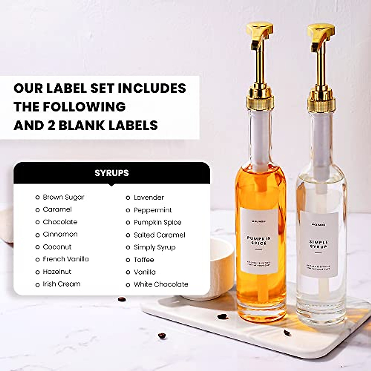 MoliMoli Coffee Syrup Dispenser for Coffee Bar, 350mlCoffee Pump Dispenser, Glass Syrup Bottle w. Pumps, Simple Syrup Dispenser w. Labels,Set of 2, (Gold)